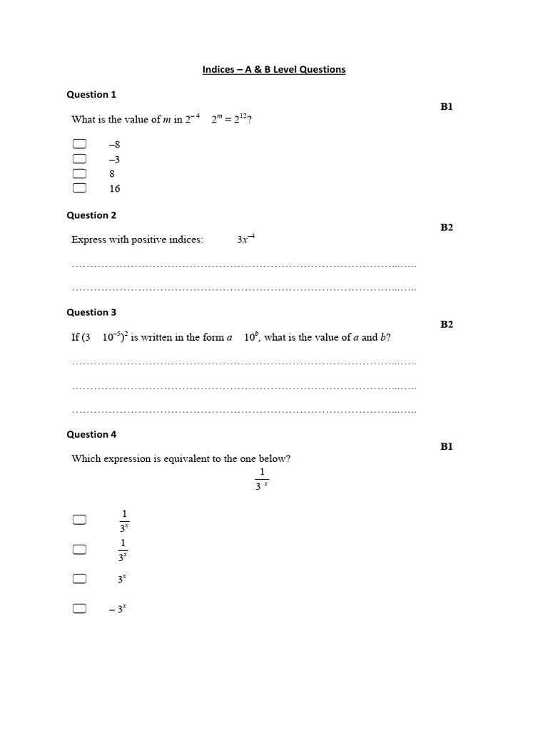 A & B Level Indices Questions | PDF | Mathematics | Arithmetic