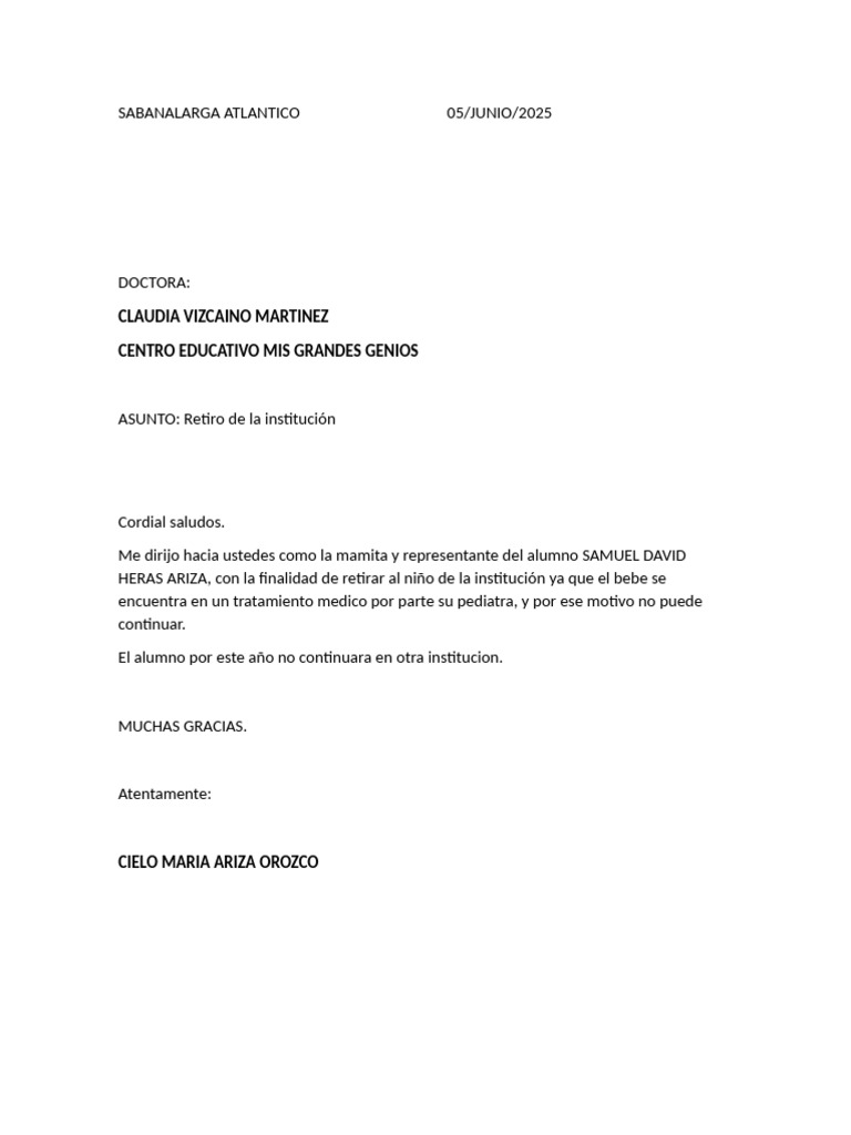 Carta de Retiro Samuel | PDF