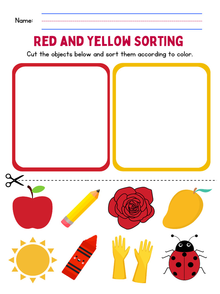 Red and Yellow Simple Sorting Kindergarten Activity Worksheet | PDF