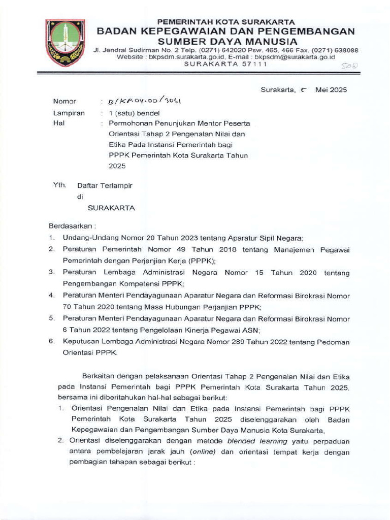 Surat Tugas Mentor PPPK Surakarta | PDF