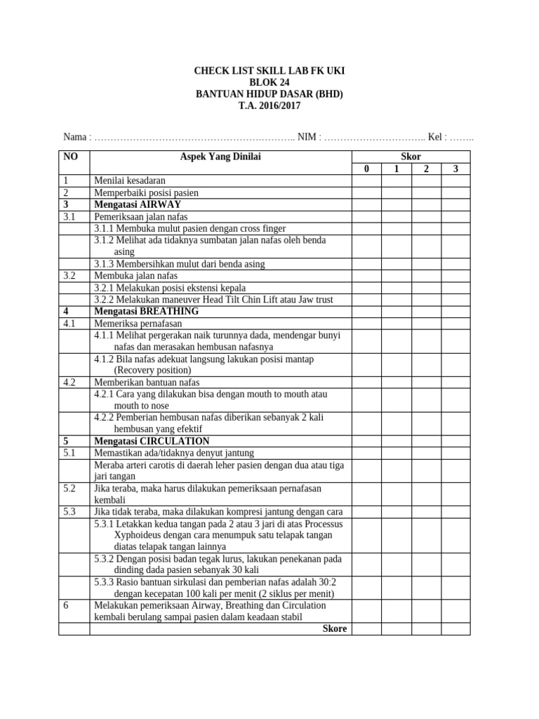 Check List Skill Lab FK Uki BHD | PDF