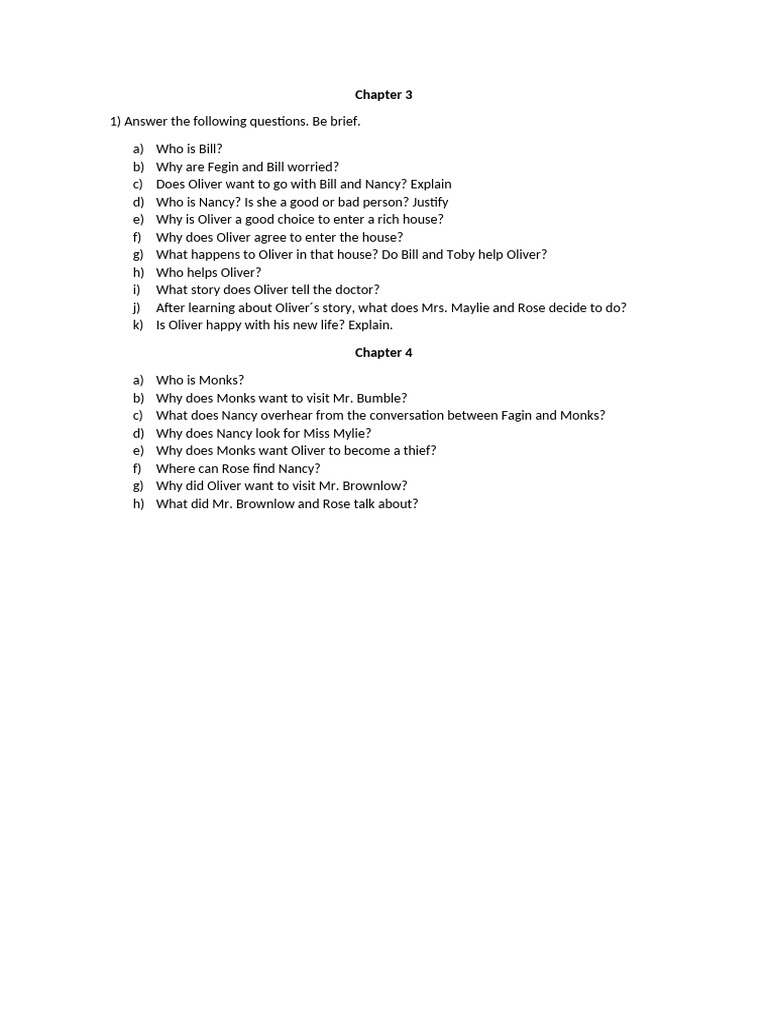 Oliver Twist Chapters 3 and 4 - Homework | PDF