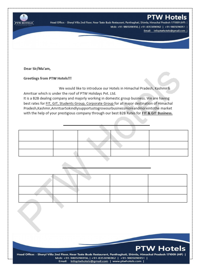 PTW Holidays Hotel Tariff Overview | PDF