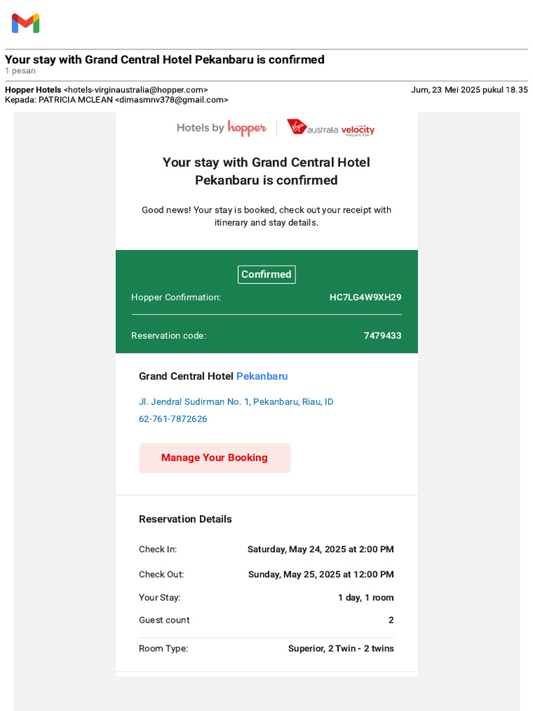 Grand Central Hotel Pekanbaru Booking Confirmation | PDF | Credit Card ...