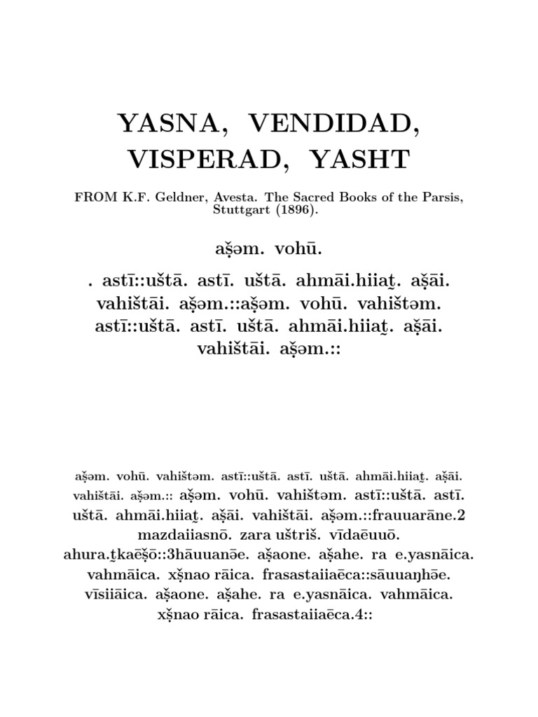 Yasna Vendidad Visperad Yasht Avestan | PDF