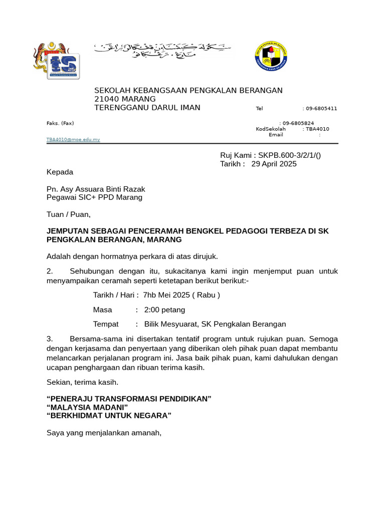 Surat Jemputan Penceramah Bengkel Pedagogi | PDF