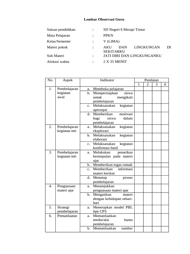 Lembar Observasi Guru Sd6 | PDF