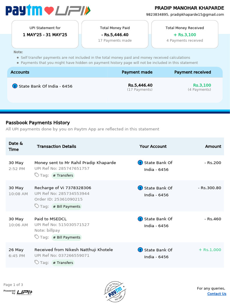 Paytm UPI Statement May 2025 | PDF | Financial Services | Reserve Bank ...
