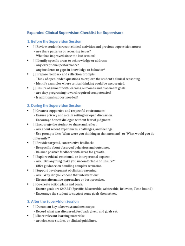 Expanded Clinical Supervision Checklist For Supervisors | PDF