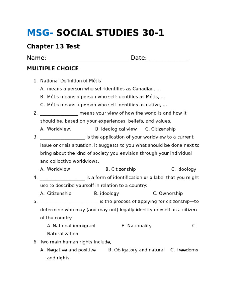 Alberta Social Studies CH.13 Qns | PDF | Citizenship | Métis