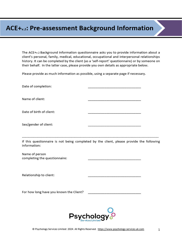ACE+v.2 Client Background Questionnaire | PDF | Mental Disorder ...