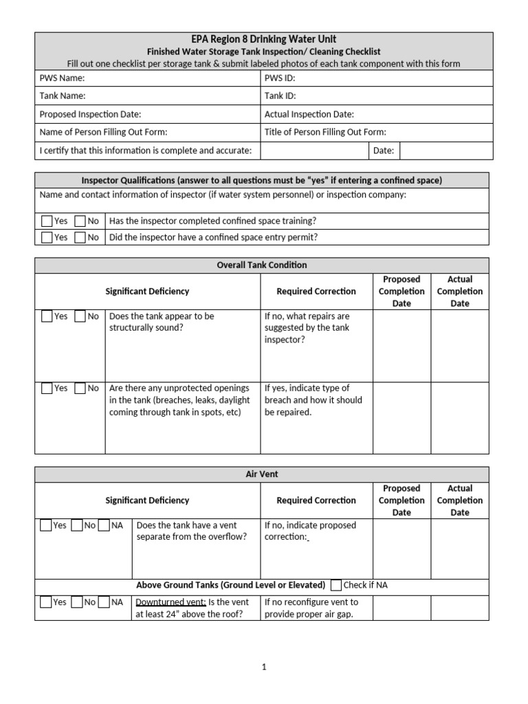 Drinking Water Tank Inspection Checklist | PDF | Storm Drain | Sanitary ...