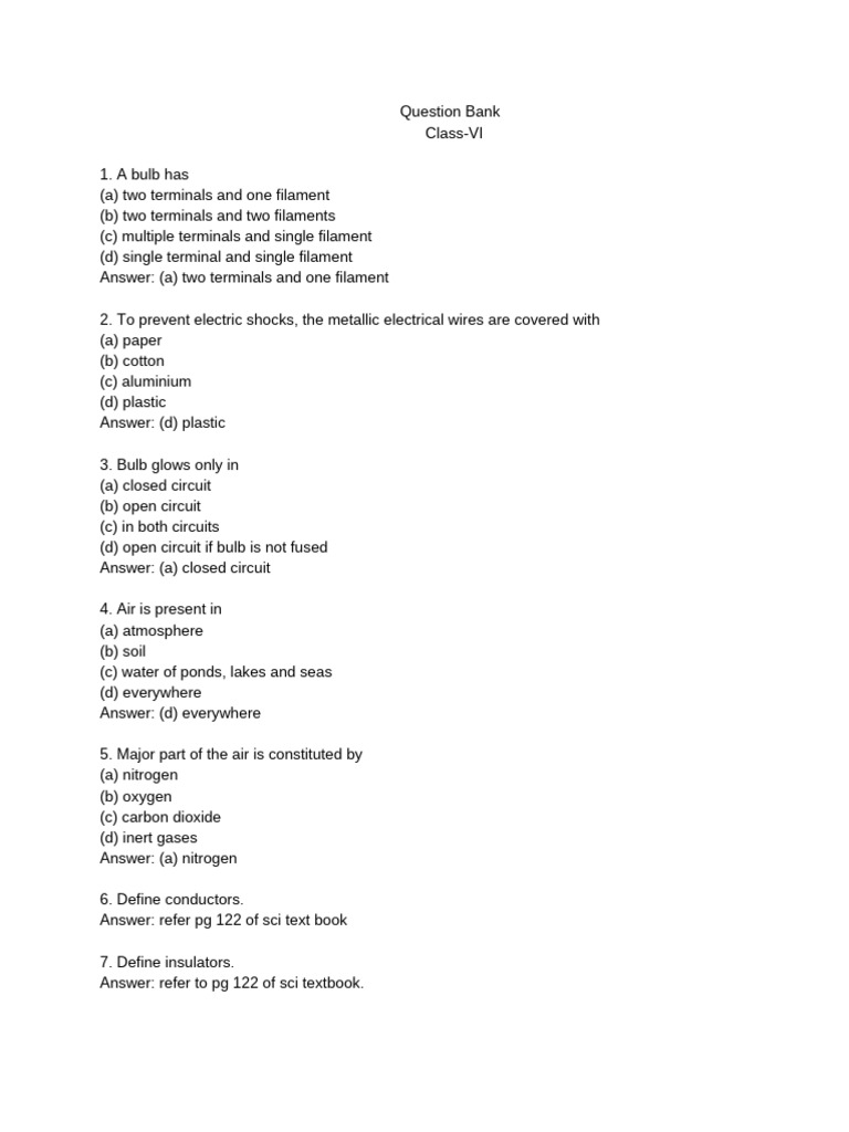 Class 6th, Science Question Bank | PDF | Incandescent Light Bulb | Smoke