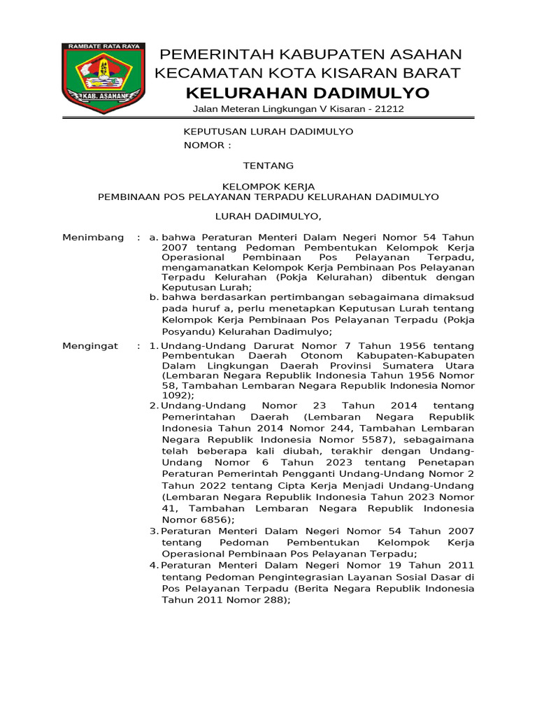 Contoh SK Pokja Puskesmas Kelurahan | PDF