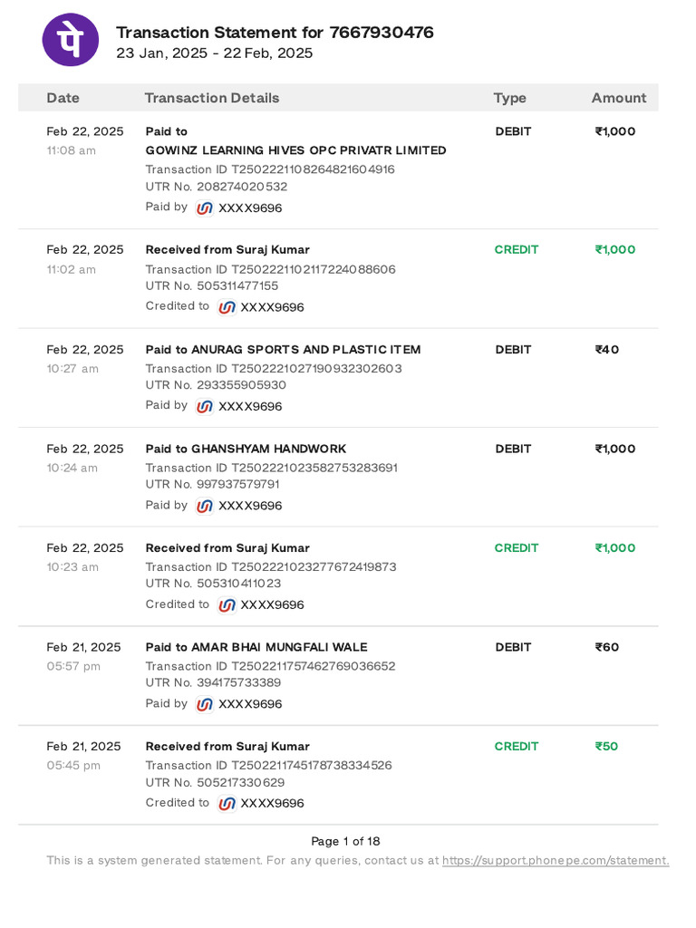 PhonePe Statement Jan2025 Feb2025 | PDF | Debit Card | Debits And Credits