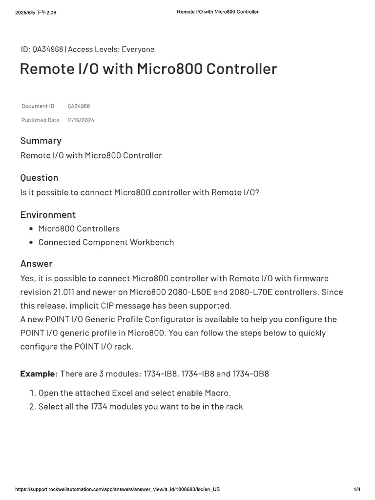 Remote IO With Micro800 Controller | PDF