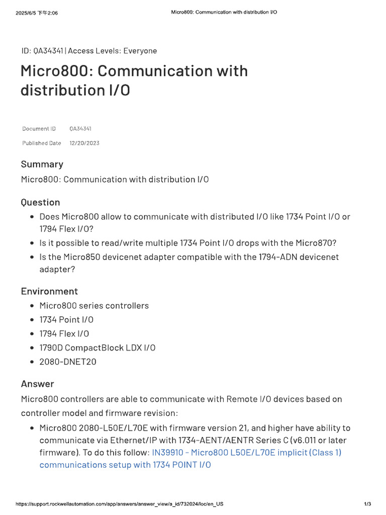 Micro800 Communication With Distribution IO | PDF