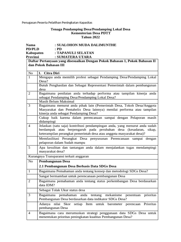 Form Penugasan Peserta Pelatihan Peningkatan Kapasitas TPP 2022 - Sualohon | PDF