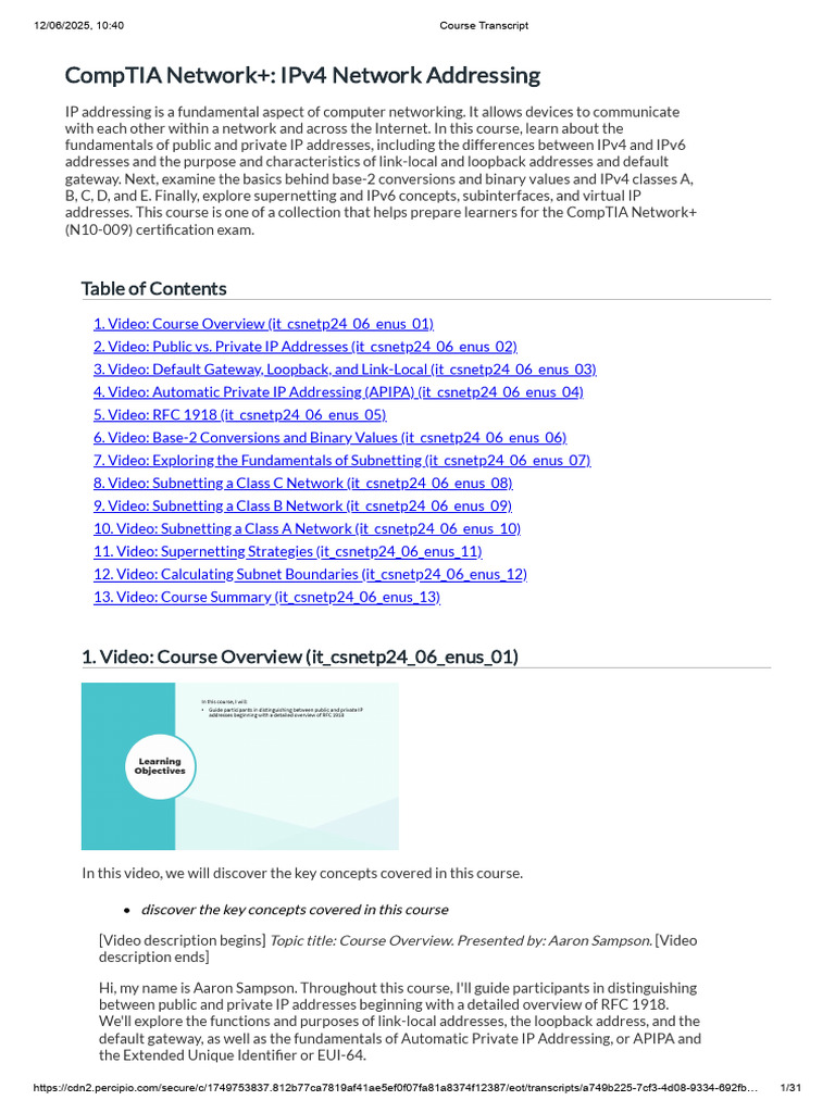 Course Transcript Ipv4 | PDF | Ip Address | Computer Network