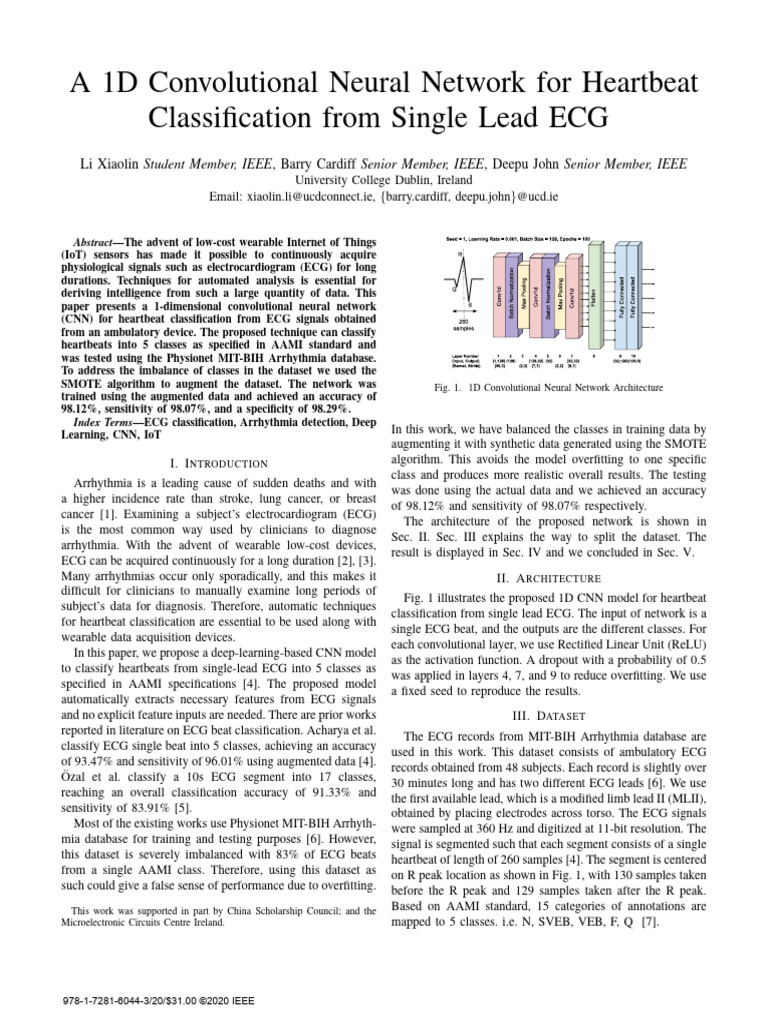 A 1d Convolutional Neural Network For Heartbeat Classification From Single Lead Ecg Pdf