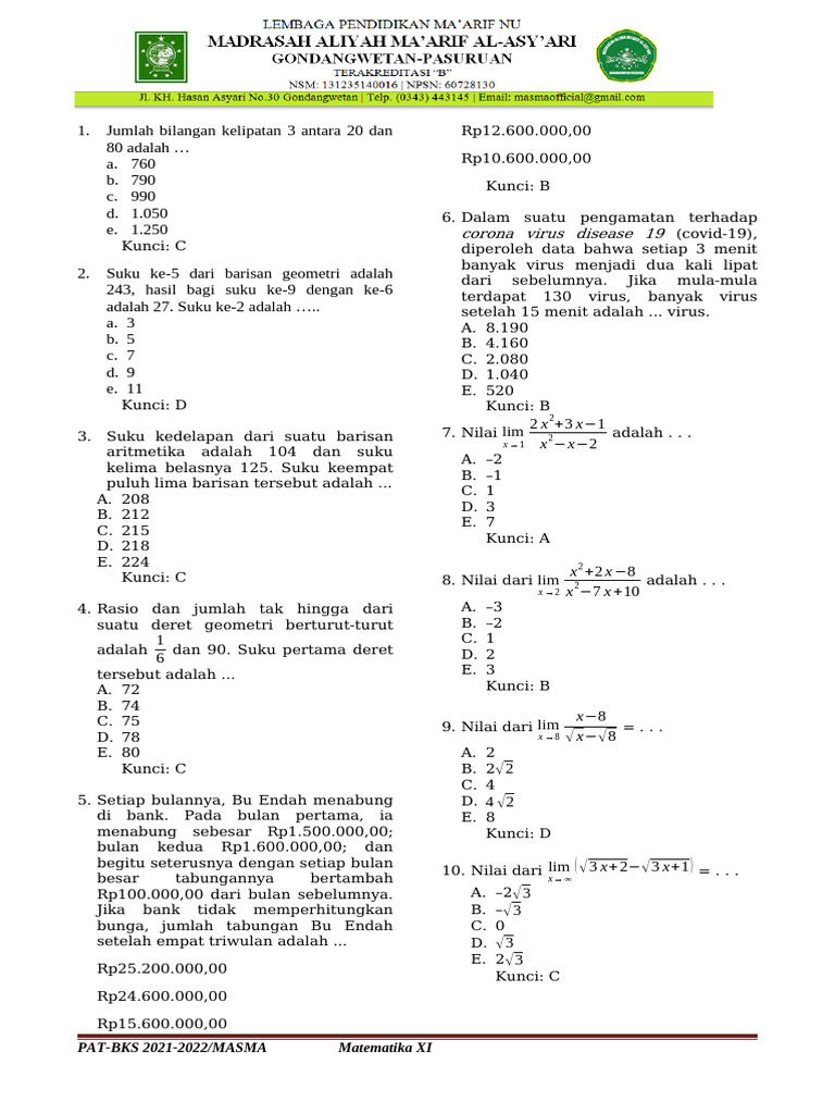Soal Pat MTK Kelas Xi 21-22 Setor | PDF