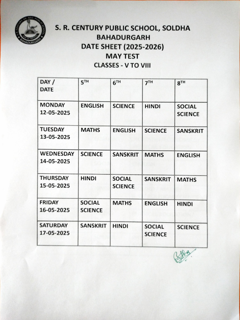 May 2025 Exam Date Sheet for Classes V to XI | PDF