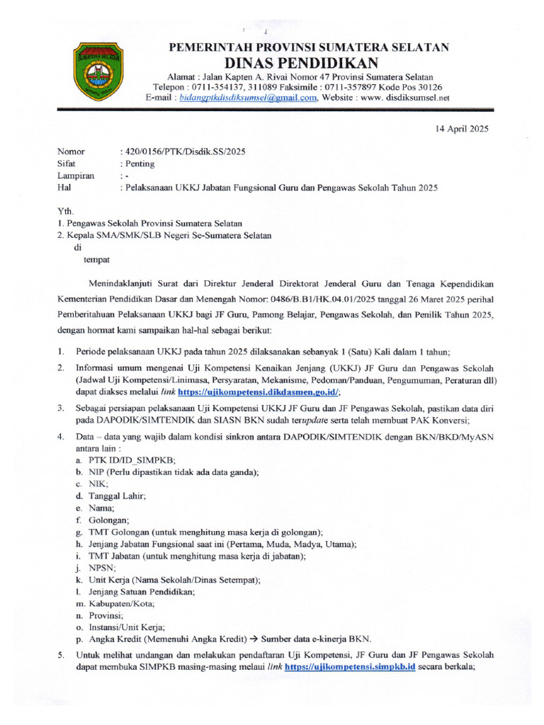 Edaran UKKJ JF Guru Dan Pengawas Sekolah Disdik Prov. Sumsel THN 2025 | PDF
