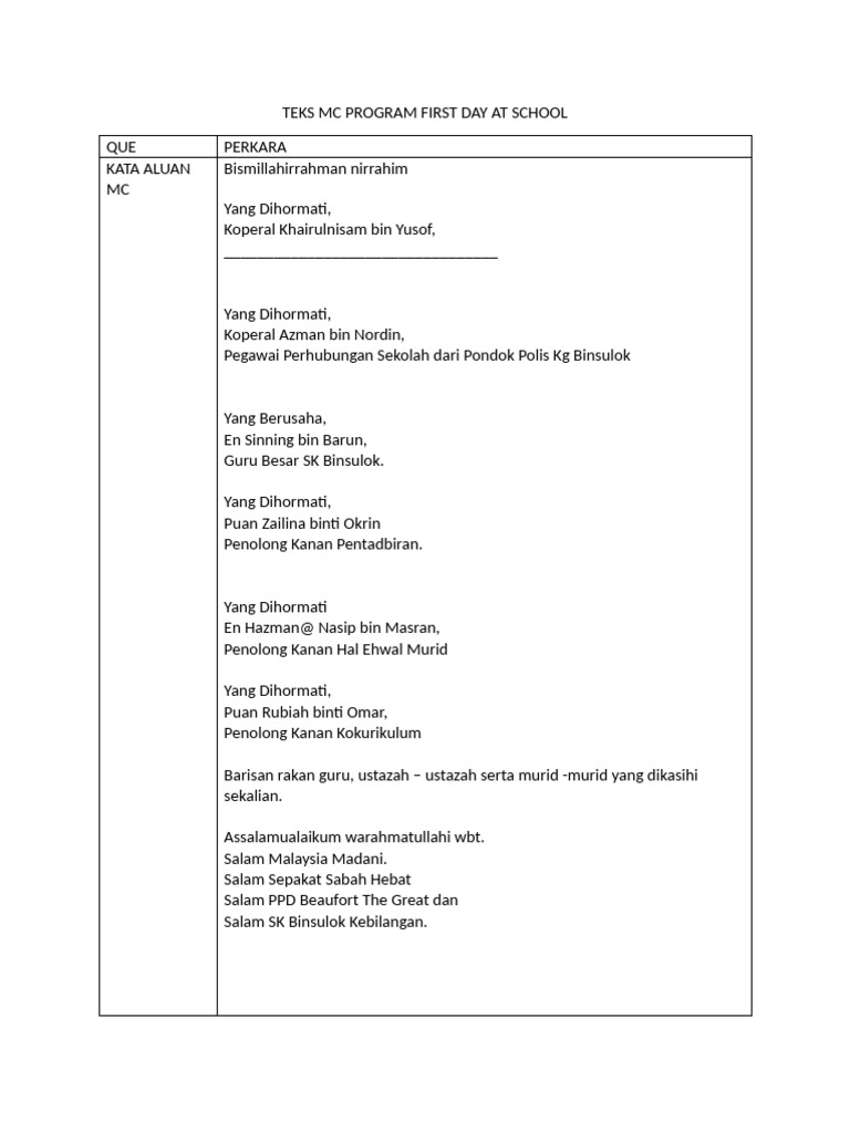 Teks MC Program First Day at School | PDF