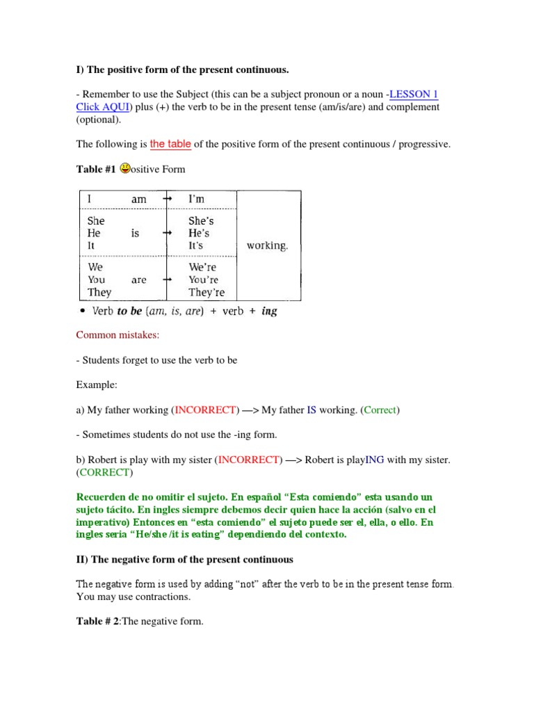Present Continuous Positive Form Guide | PDF