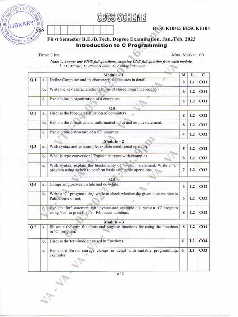 Introduction To C Programming BESCK104E Jan-Feb 2023 | PDF