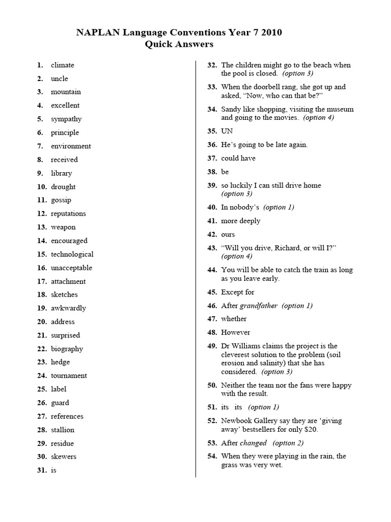 Answers Naplan 2010 Year 7 | PDF | Earth Sciences