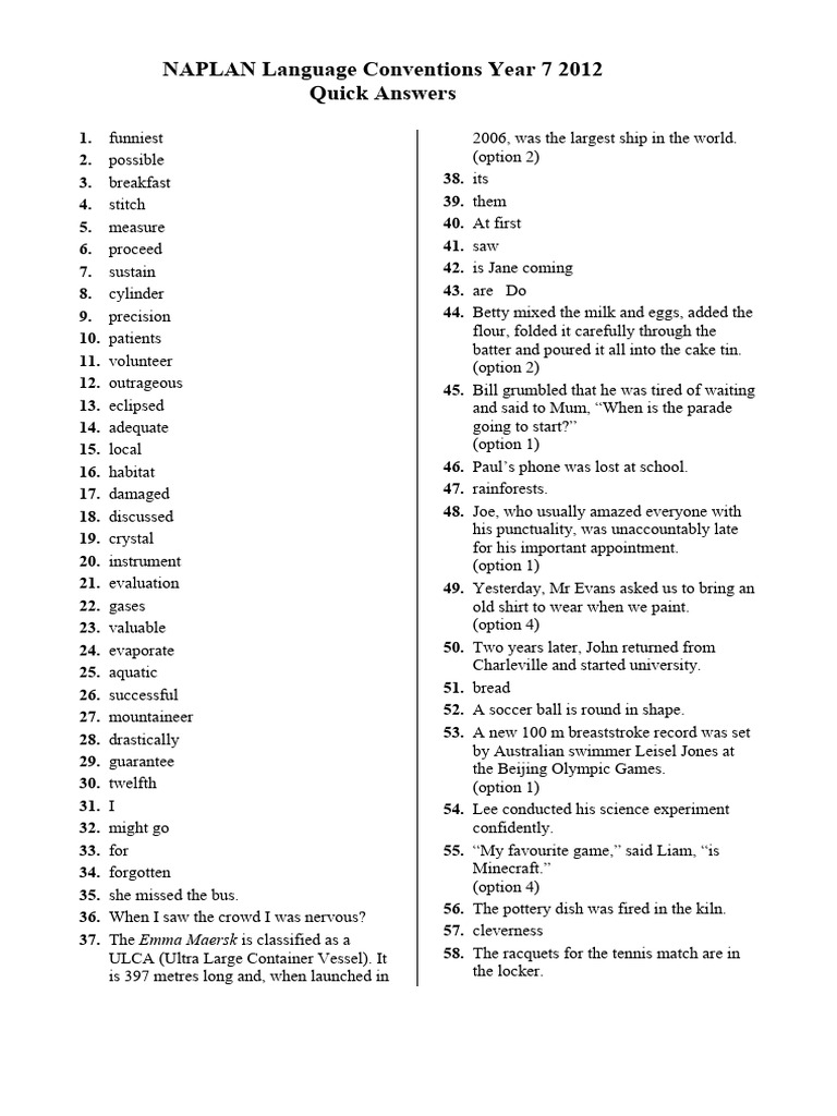 NAPLAN Year 7 2012 Quick Answers | PDF