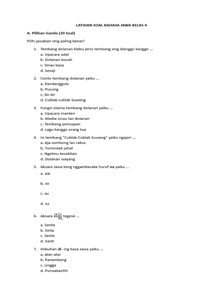 Latihan Soal Bahasa Jawa Kelas 4 | PDF