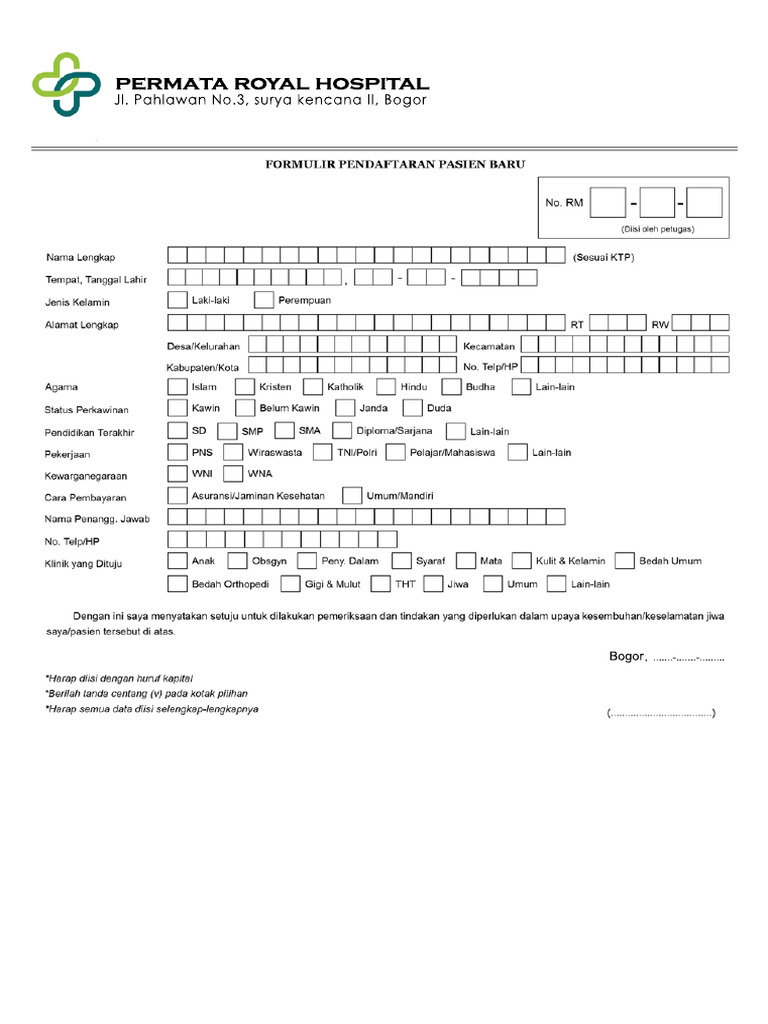 Formulir Pendaftaran Pasien Baru Permata Royal | PDF