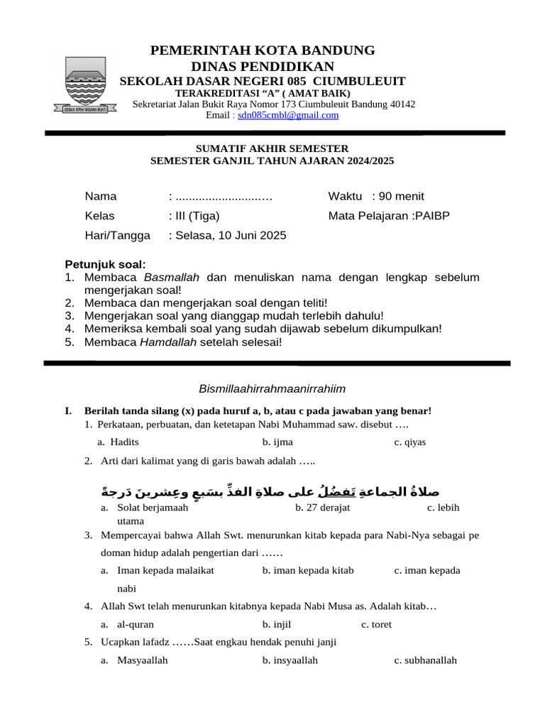 Soal Pai Asat Kelas 3 | PDF