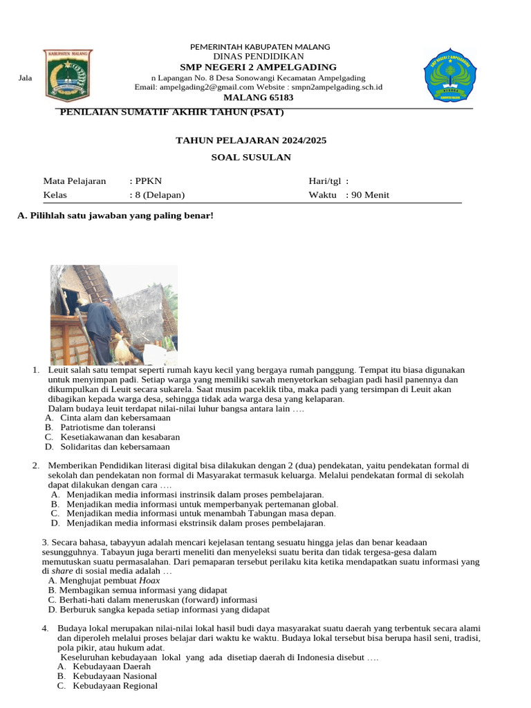 Jadi Soal PPKN Susulan Kelas 8 PSAJ 2024-2025 | PDF