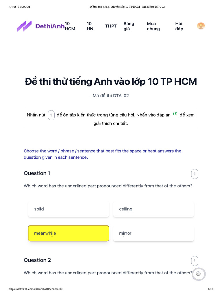 Đề thi thử tiếng Anh vào lớp 10 TP HCM - Mã đề thi DTA-02 | PDF