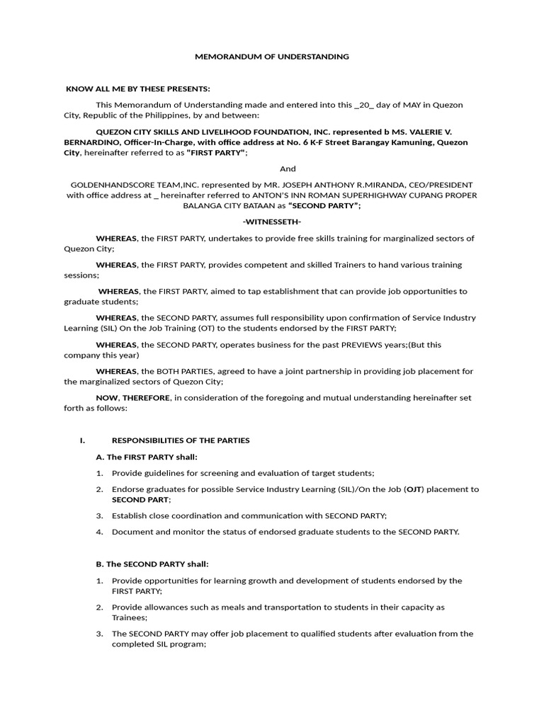 Memorandum of Understanding | PDF | Justice | Crime & Violence