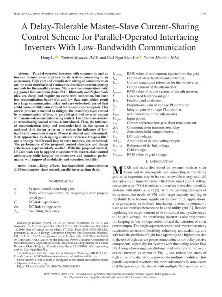 A Delay-Tolerable MasterSlave Current-Sharing Control Scheme for Parallel-Operated Interfacing ...