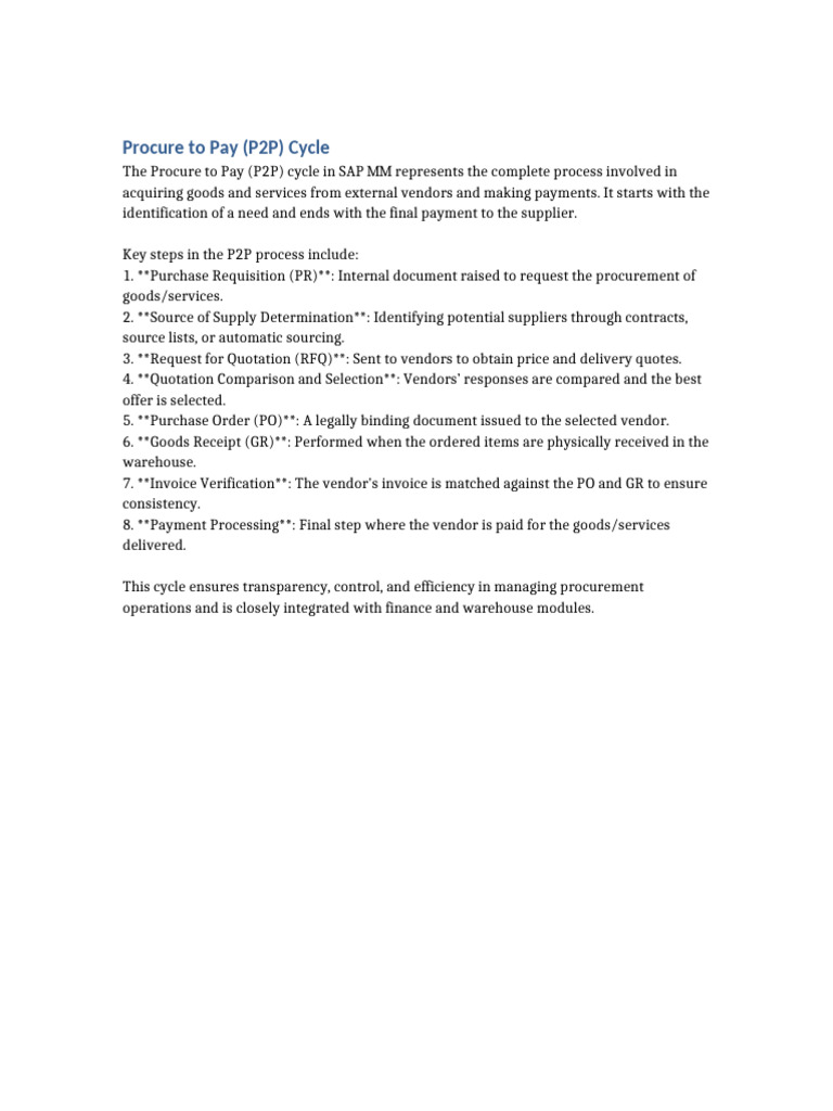 SAP P2P Cycle Overview and Steps | PDF
