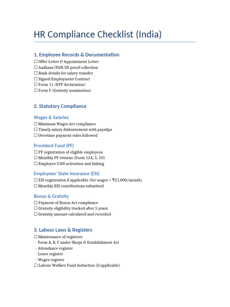 HR Compliance Checklist India | PDF