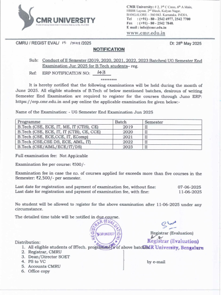 Exam Notification - UG SEE Jun 2025 - II Sem UG (SOET) - 2019 To 2023 Batches | PDF