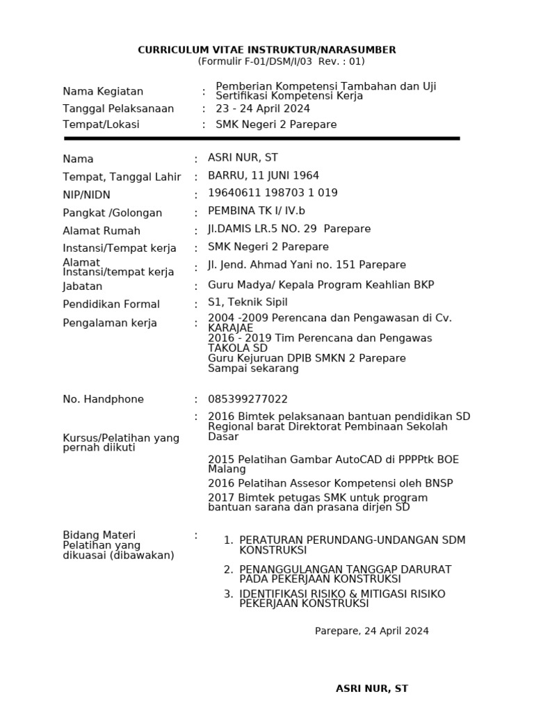 Format CV Instruktur Asri Nur2 | PDF