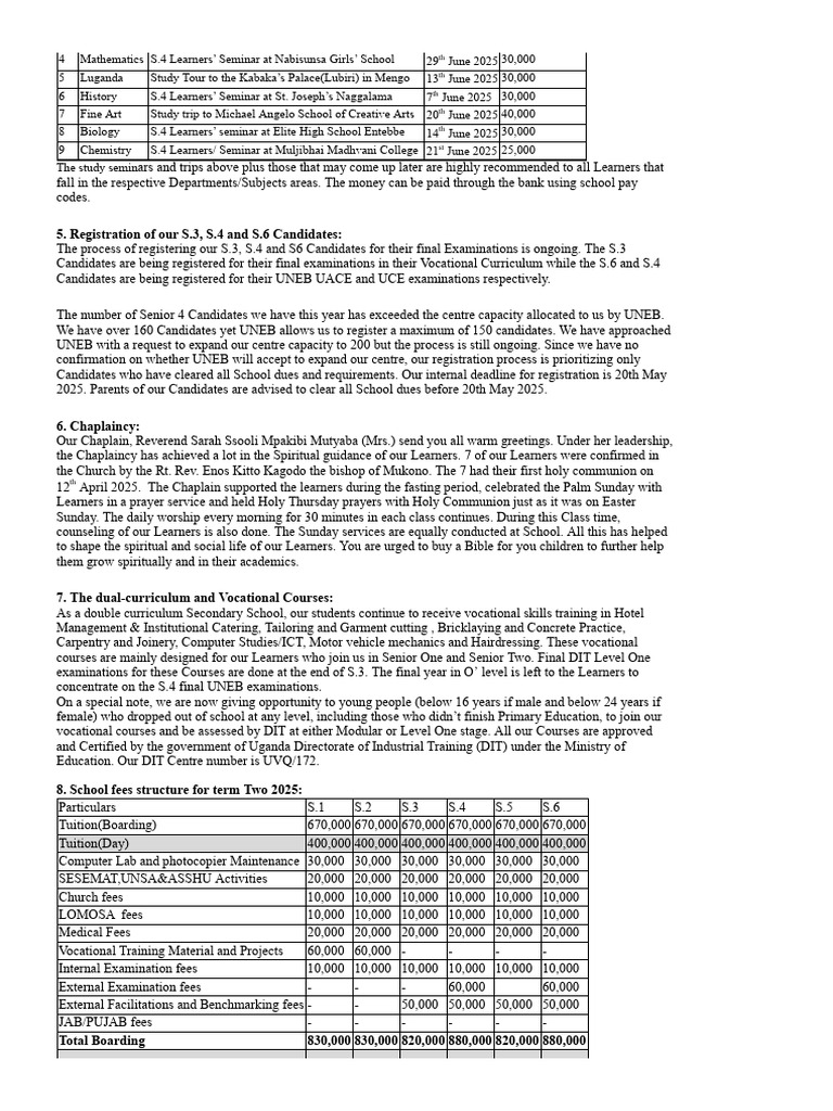 Nabisunsa Girls' School Fees 2025 | PDF | Chaplain