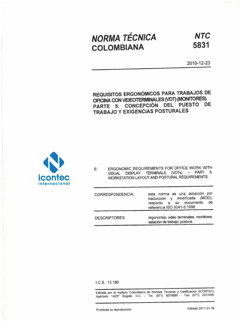 NTC 5831 - Requisitos Ergonómicos para Trabajos de Oficina VDT - Concepción | PDF