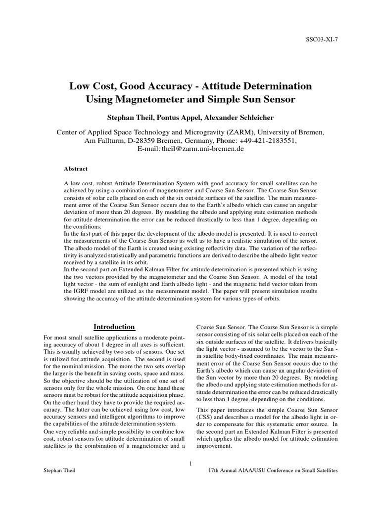 Low Cost Good Accuracy - Attitude Determination Using Magnetometer and Sun Sensor | PDF | Latitude