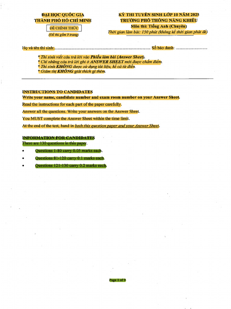 Dề Thi Chuyên Anh 10 PTNK 2025 2026 | PDF