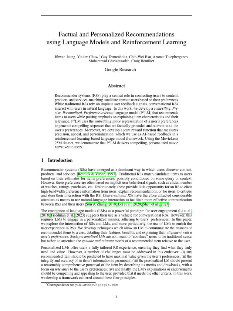 Factual and Personalized Recommendations Using Language Models and Reinforcement Learning | PDF ...