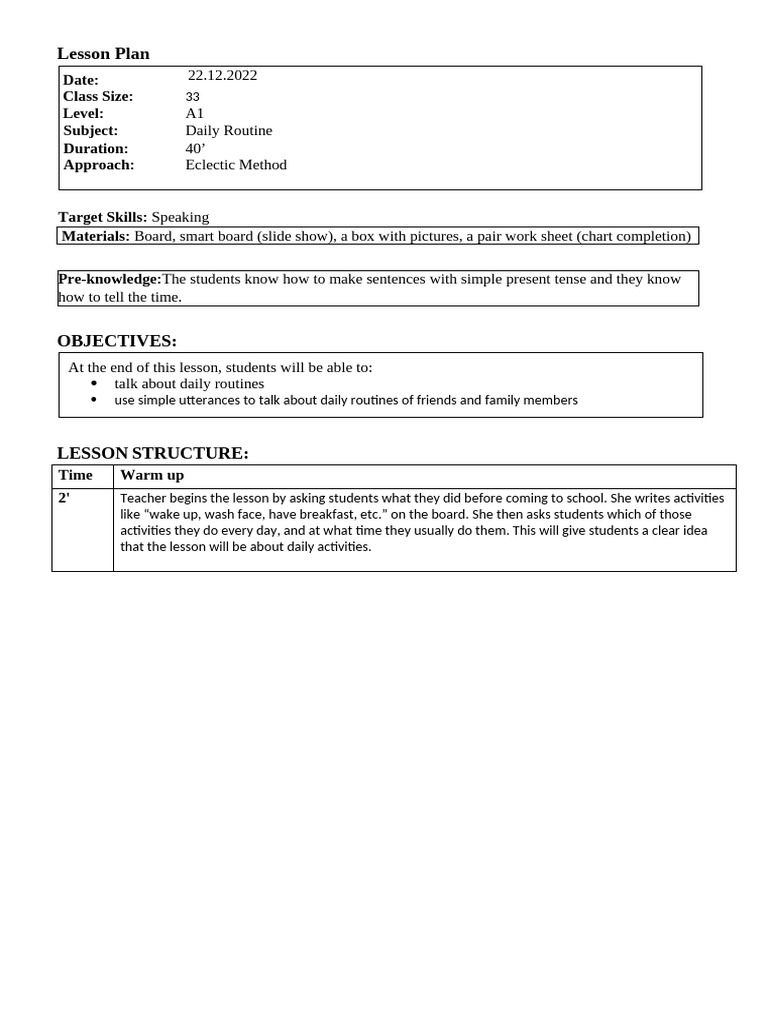 Daily Routines A1 Lesson Plan | PDF | Lesson Plan | Teachers