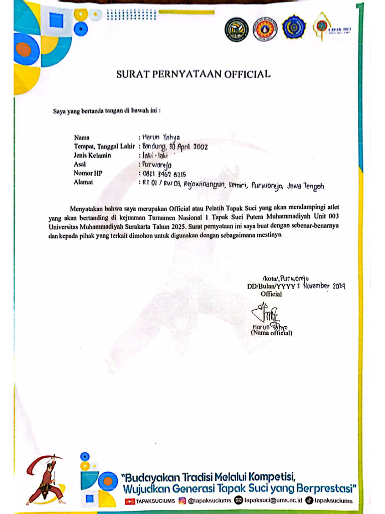 Surat Pernyataan Official - Harun | PDF